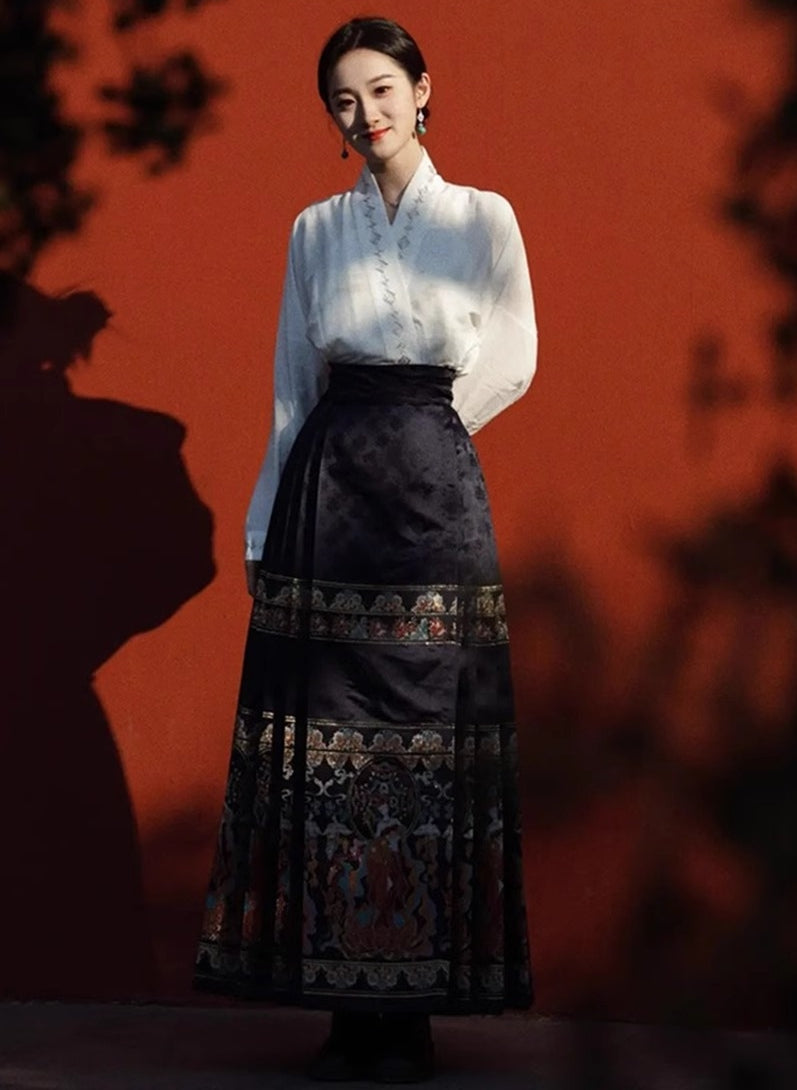 Traditional Chinese V Neck Hanfu Shirt and Horse-Face Skirt 2-Piece Se ...