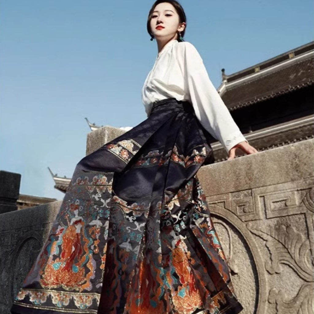 Traditional Chinese V Neck Hanfu Shirt and Horse-Face Skirt 2-Piece Se ...