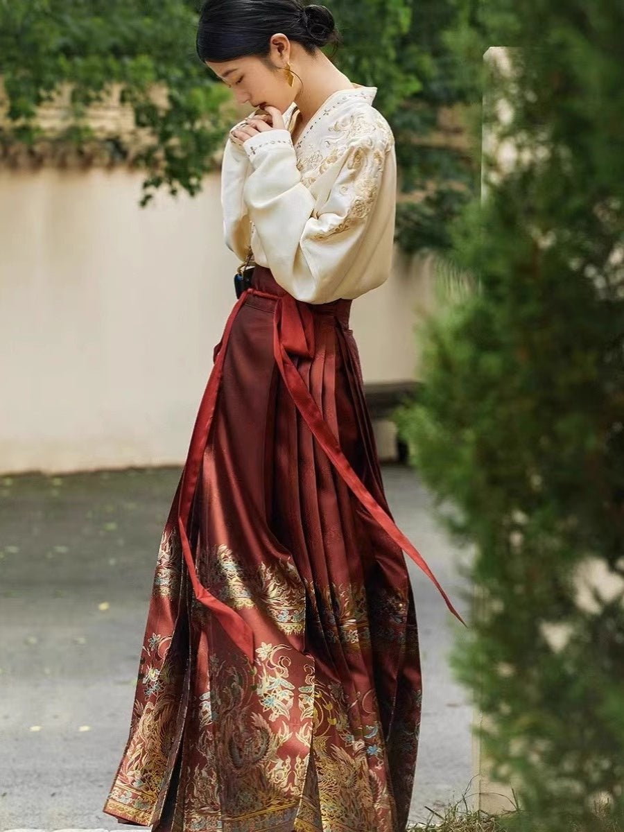 Traditional Chinese V Neck Hanfu Shirt and Horse-Face Skirt 2-Piece Se ...