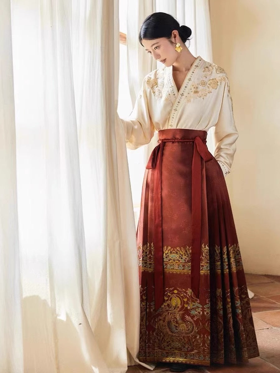 Traditional Chinese V Neck Hanfu Shirt and Horse-Face Skirt 2-Piece Se ...