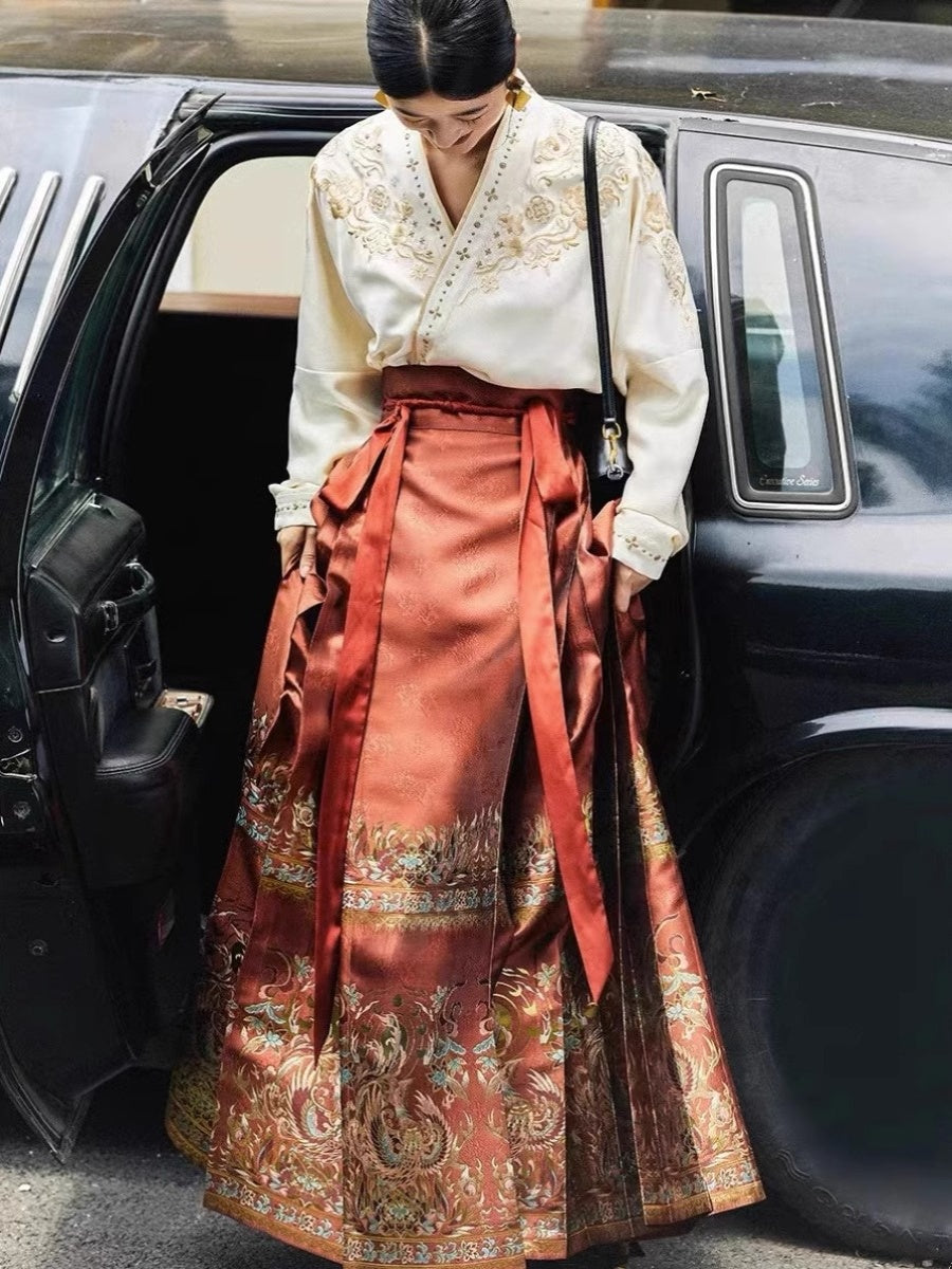 Traditional Chinese V Neck Hanfu Shirt and Horse-Face Skirt 2-Piece Se ...