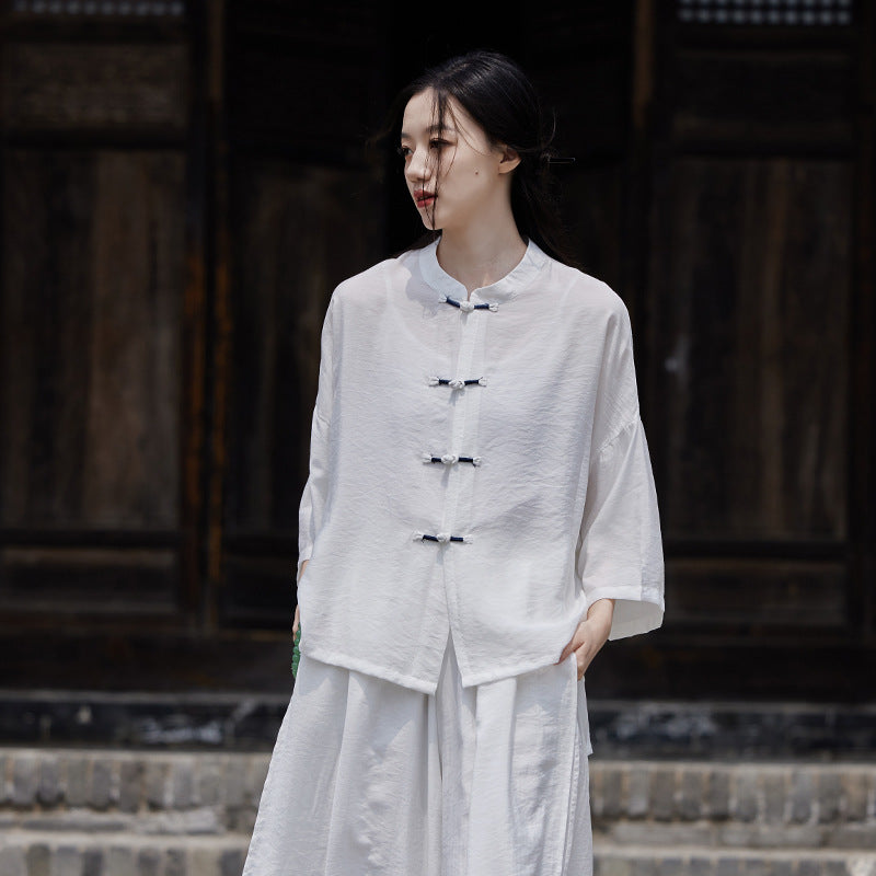 Cotton & Linen Loose Traditional Chinese Blouse with Strap Buttons ...