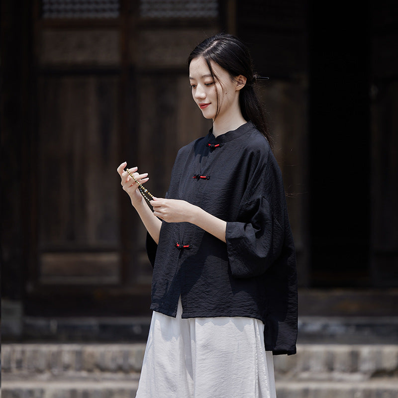 Cotton & Linen Loose Traditional Chinese Blouse with Strap Buttons ...