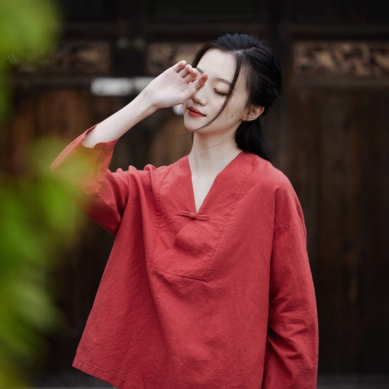 Cotton & Linen V Neck Loose Traditional Chinese Blouse – IDREAMMART