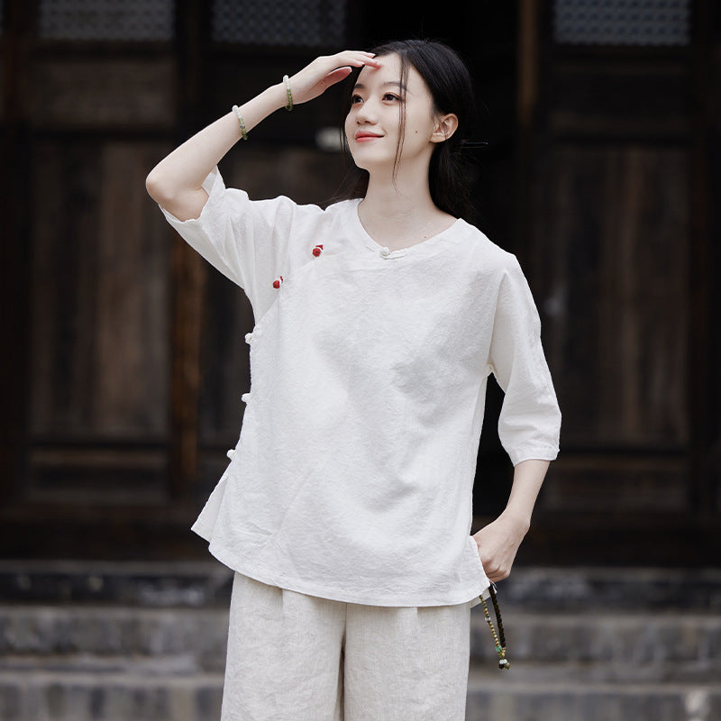 V Neck Cotton & Linen Loose Traditional Chinese Blouse – IDREAMMART