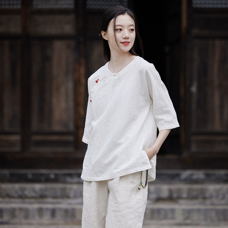 V Neck Cotton & Linen Loose Traditional Chinese Blouse – IDREAMMART