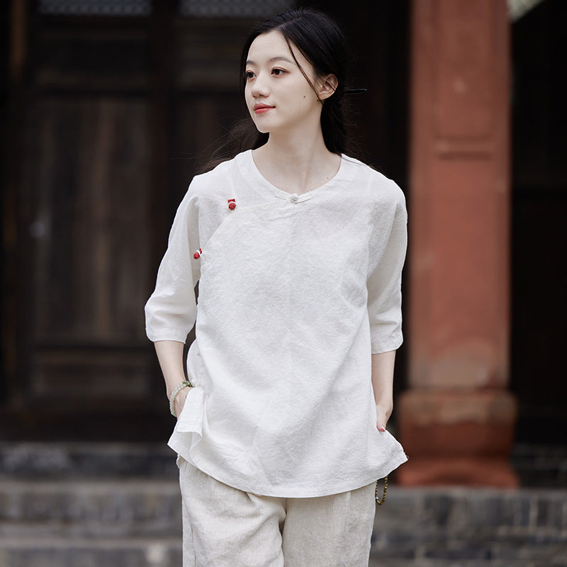 V Neck Cotton & Linen Loose Traditional Chinese Blouse – IDREAMMART