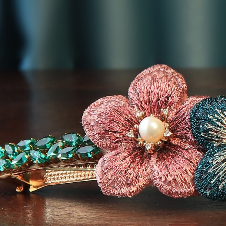 Elegant Double Flower Rhinestone Hairpin Handmade with Embroidery ...