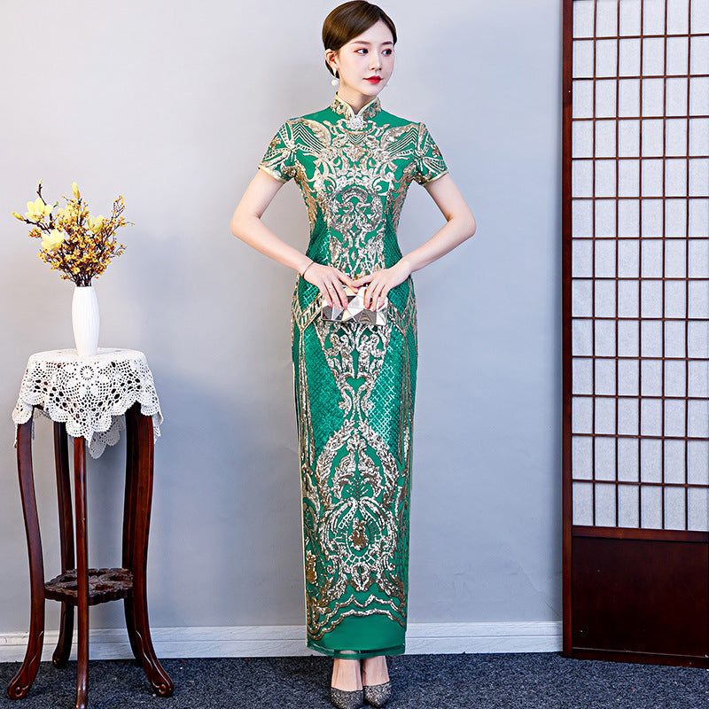 Cap Sleeve Floral Sequins Full Length Cheongsam Chinese Dress Evening ...