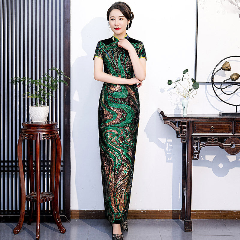 Short Sleeve Full Length Traditional Cheongsam Chinese Dress Evening G ...