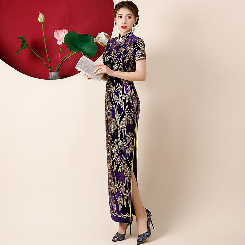 Short Sleeve Full Length Foral Sequins Cheongsam Chinese Dress Evening ...