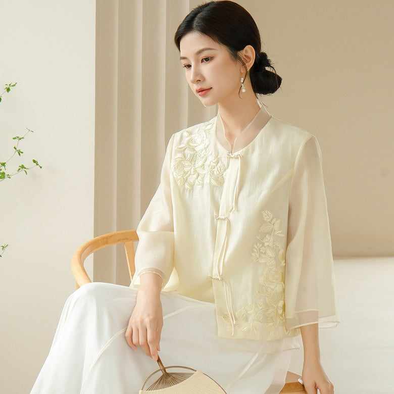 Traditional Chinese Embroidered Blouse Tea Ceremony Zen Top – IDREAMMART