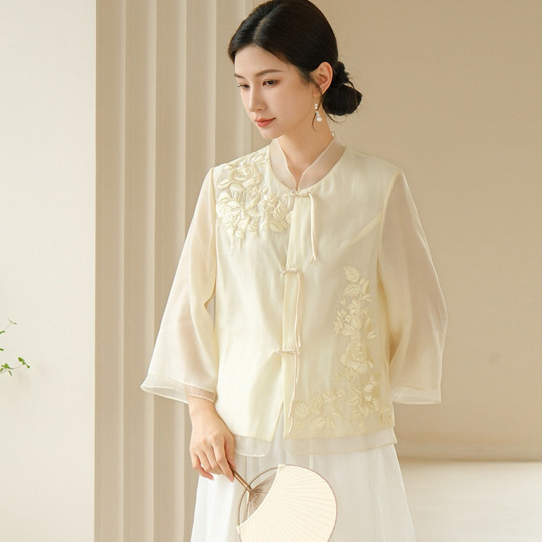 Traditional Chinese Embroidered Blouse Tea Ceremony Zen Top – IDREAMMART