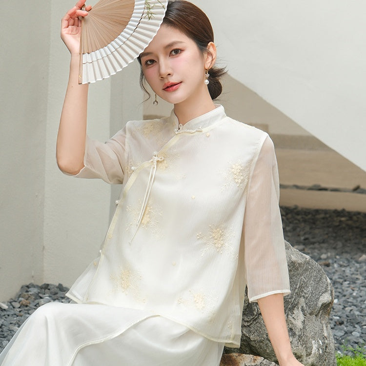 Traditional Chinese Embroidered Blouse Tea Ceremony Zen Top – IDREAMMART