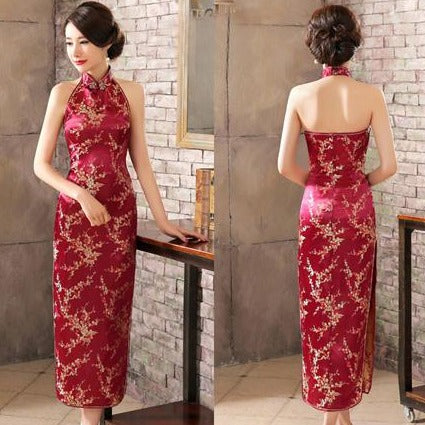 Backless Brocade Cheongsam Floral Chinese Dress Evening Gown – IDREAMMART