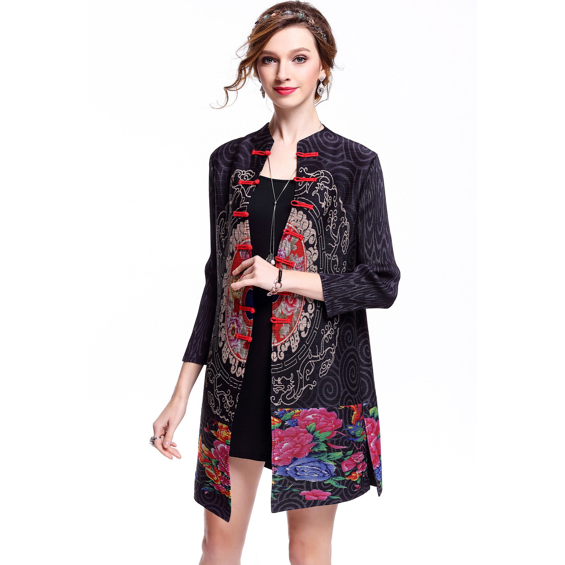 Long Sleeve Knee Length Floral Chinese Style Wind Coat with Strap Butt ...