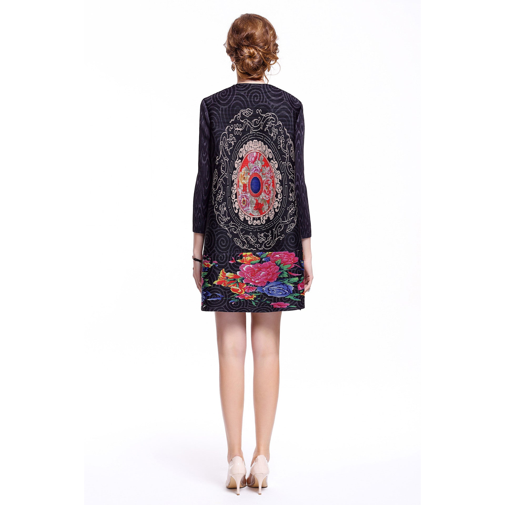 Long Sleeve Knee Length Floral Chinese Style Wind Coat with Strap Butt ...