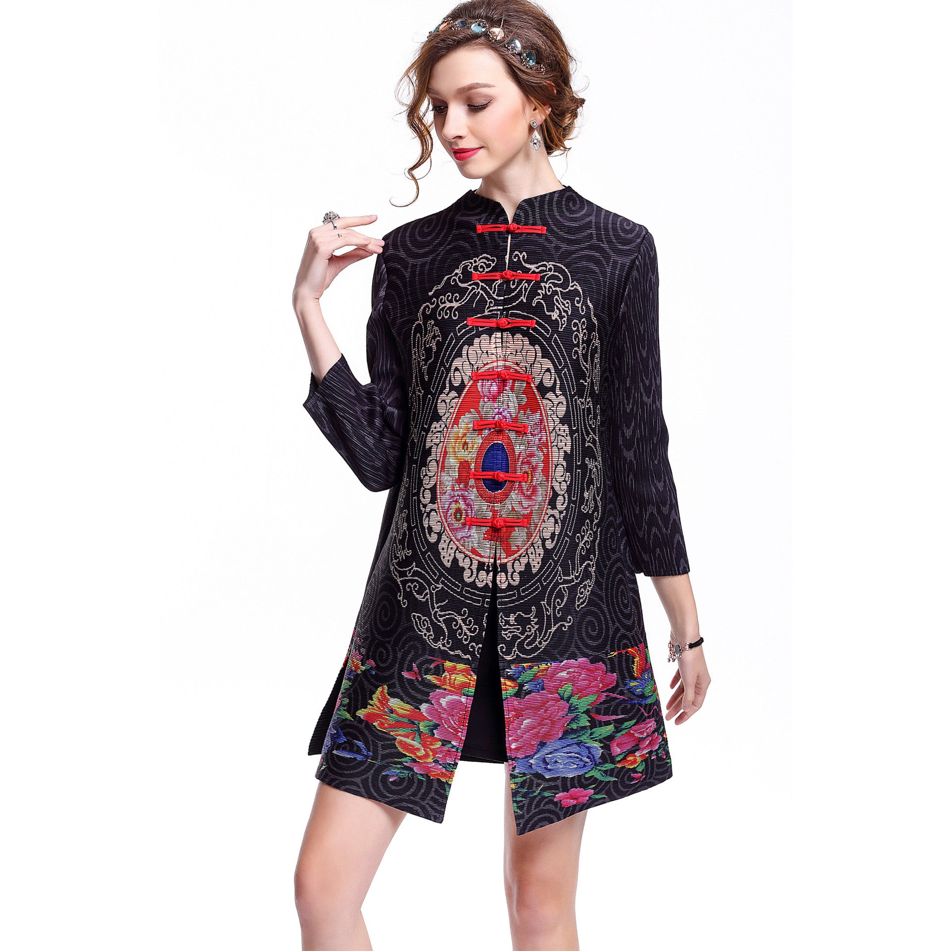 Long Sleeve Knee Length Floral Chinese Style Wind Coat with Strap Butt ...