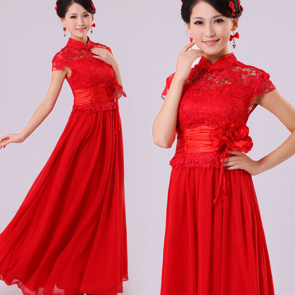 Mandarin Collar Lace Top Chiffon Skirt Chinese Wedding Dress – IDREAMMART