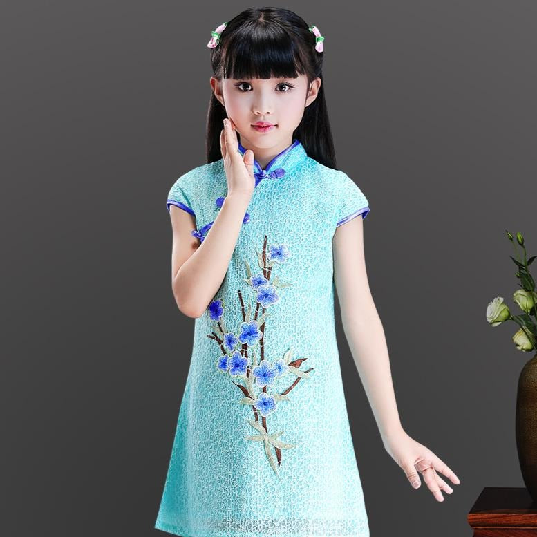 Mandarin Collar Cap Sleeve Floral Embroidery Girl's Cheongsam Chinese ...