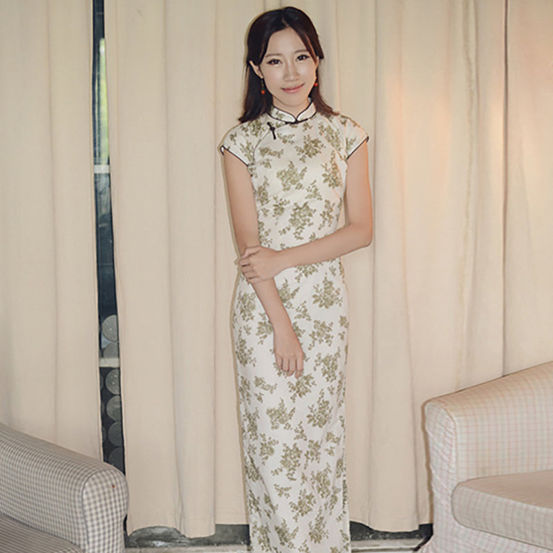 Full Length Floral Signature Cotton Vintage Cheongsam Shanghai Qipao D ...