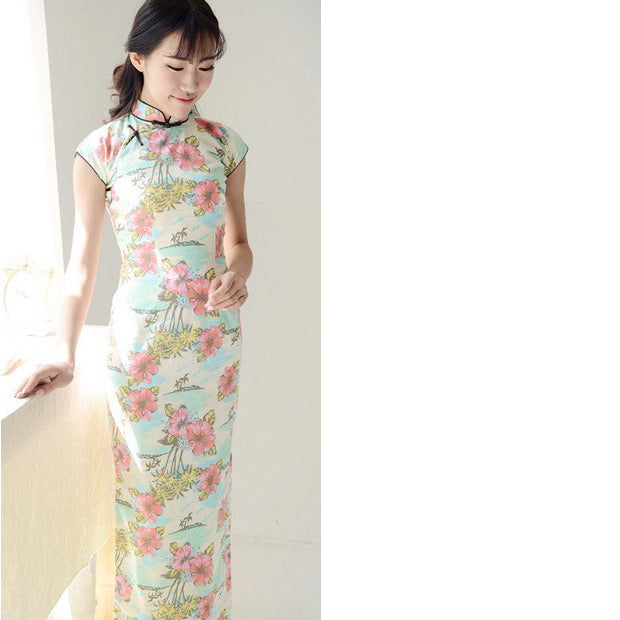 Full Length Floral Signature Cotton Vintage Cheongsam Shanghai Qipao D ...
