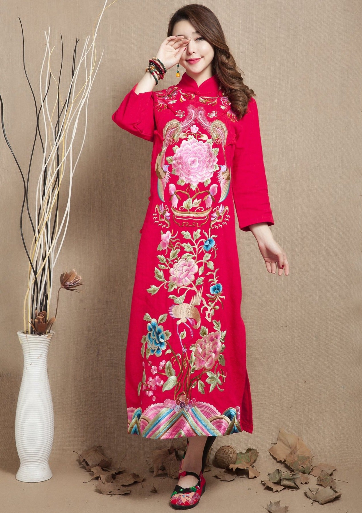 Bird & Floral Embroidery 3/4 Sleeve Tea Length Chinese Dress – IDREAMMART