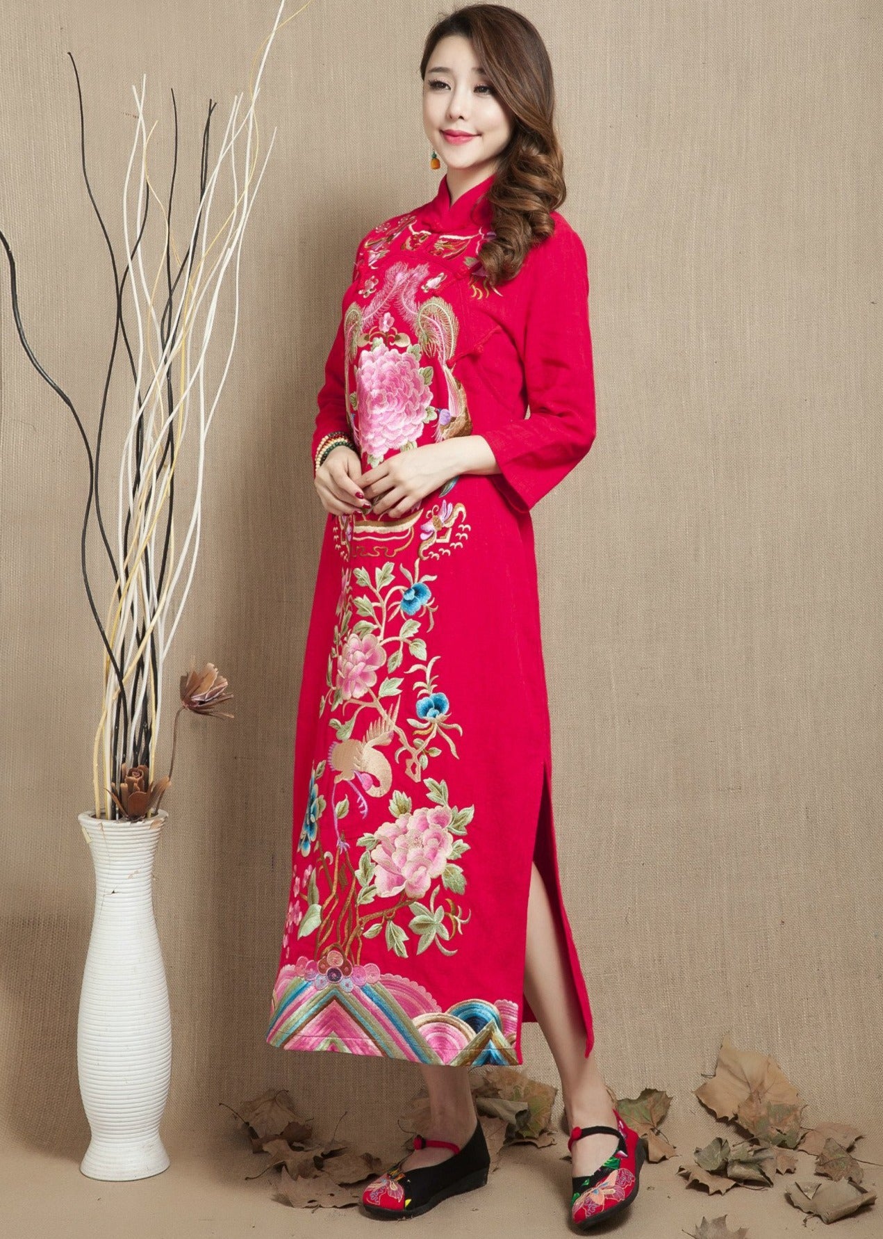 Bird & Floral Embroidery 3/4 Sleeve Tea Length Chinese Dress – IDREAMMART