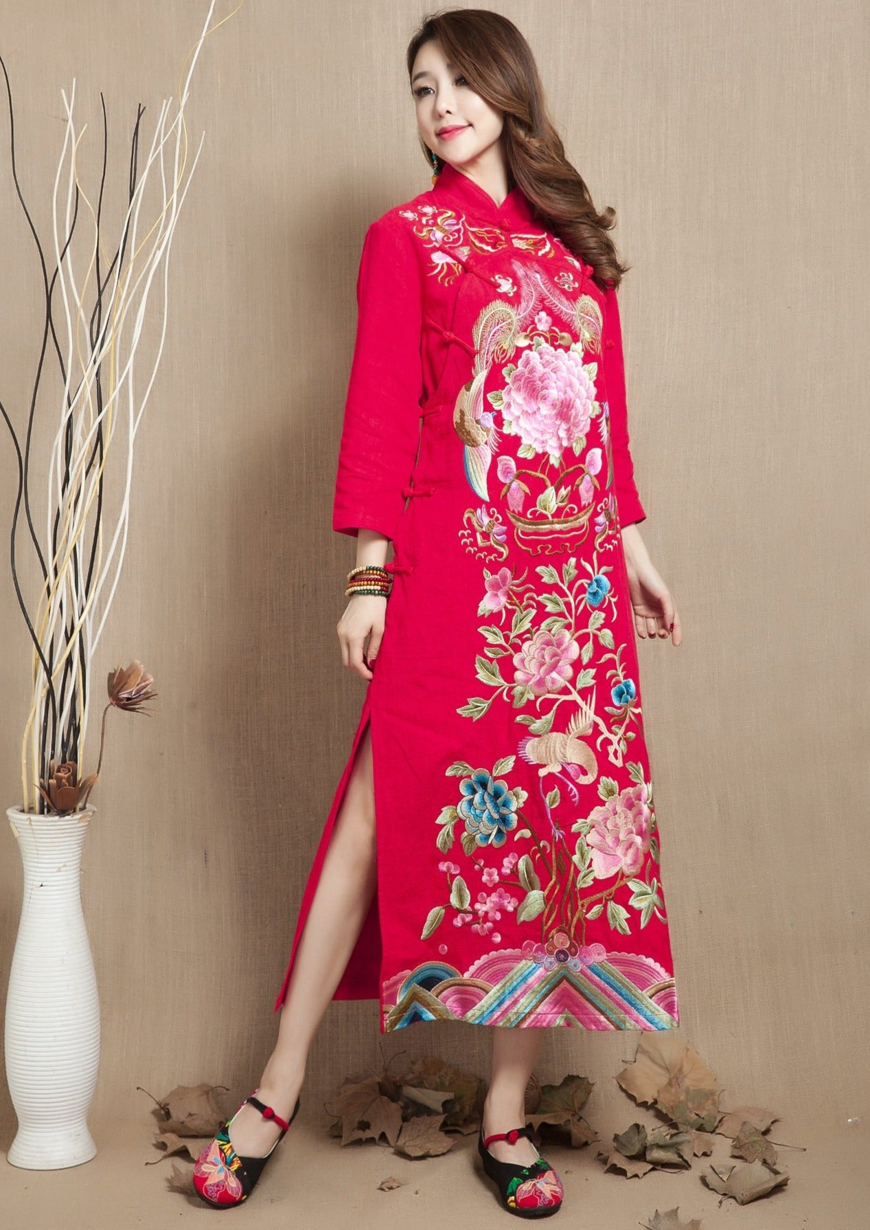 Bird & Floral Embroidery 3/4 Sleeve Tea Length Chinese Dress – IDREAMMART