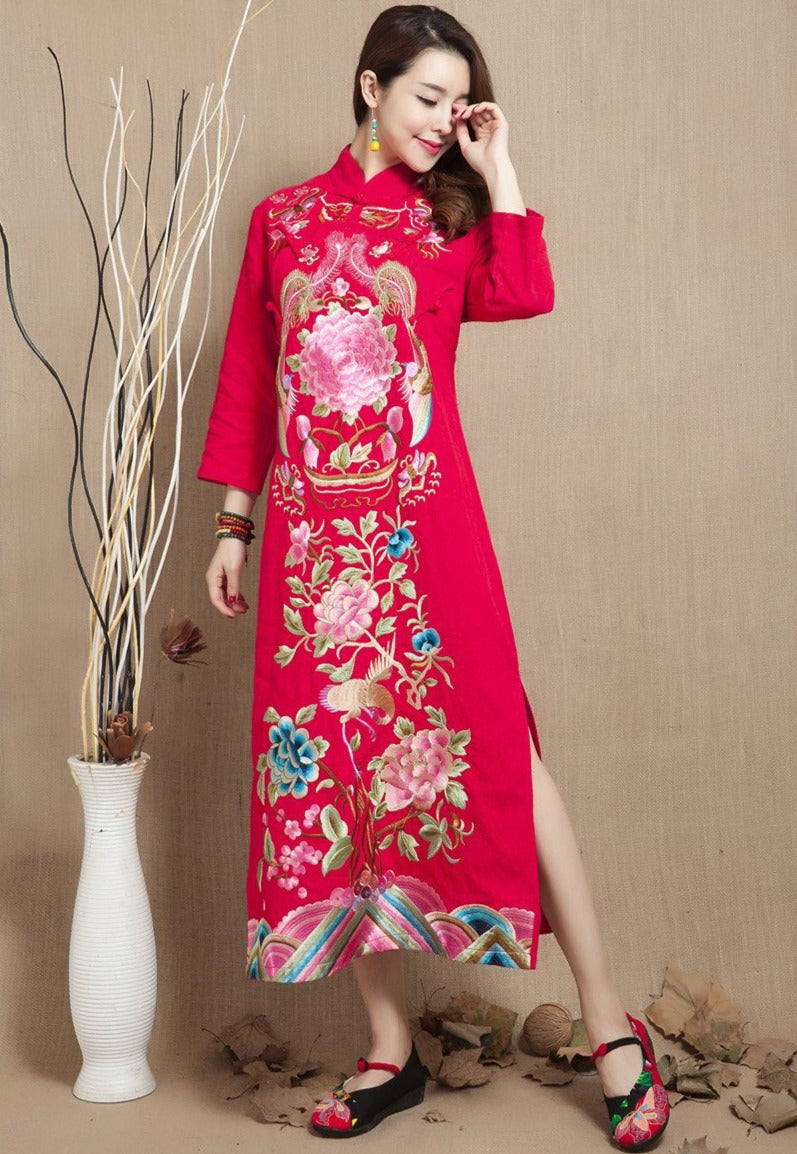 Bird & Floral Embroidery 3/4 Sleeve Tea Length Chinese Dress – IDREAMMART