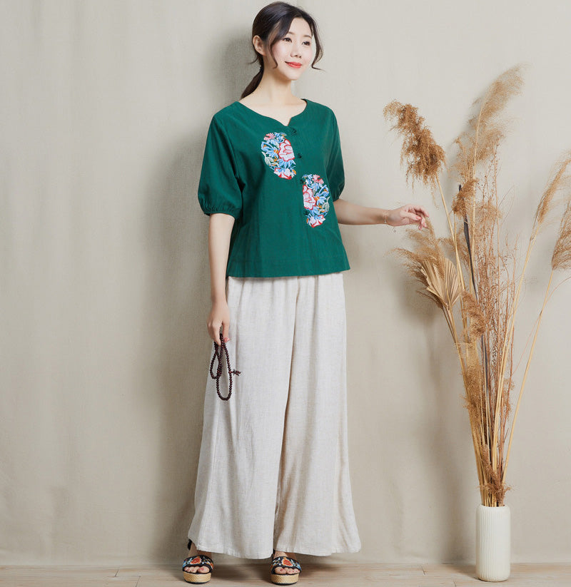 Signature Cotton V Neck Floral Embroidery Traditional Chinese Blouse ...