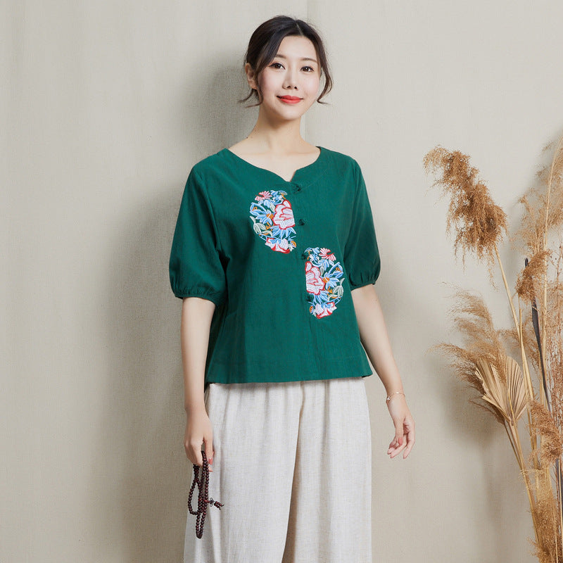 Signature Cotton V Neck Floral Embroidery Traditional Chinese Blouse ...
