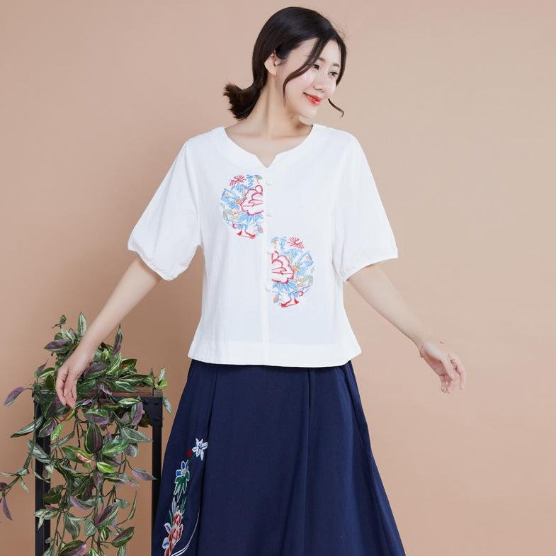 Signature Cotton V Neck Floral Embroidery Traditional Chinese Blouse ...