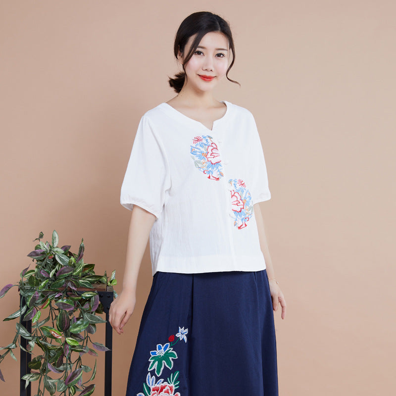 Signature Cotton V Neck Floral Embroidery Traditional Chinese Blouse ...