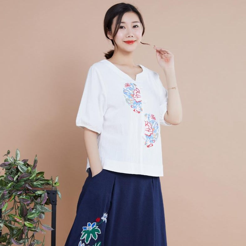 Signature Cotton V Neck Floral Embroidery Traditional Chinese Blouse ...