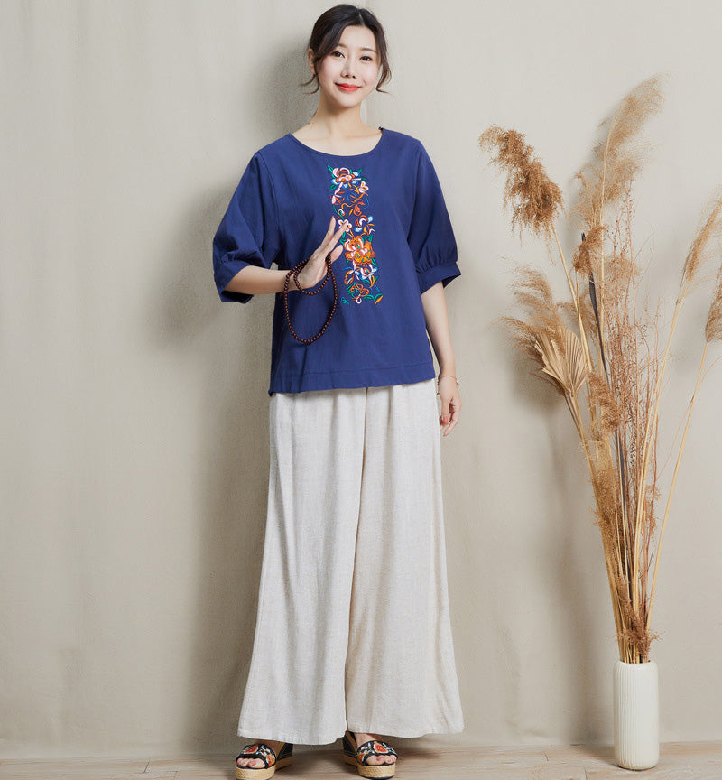 Signature Cotton Round Neck Floral Embroidery Traditional Chinese Blou ...