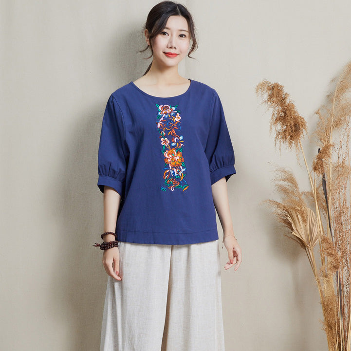 Signature Cotton Round Neck Floral Embroidery Traditional Chinese Blou ...