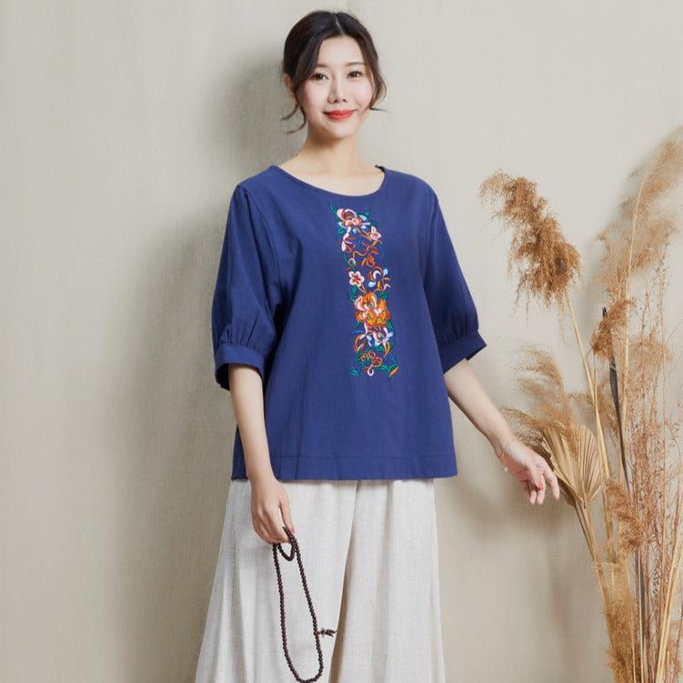 Signature Cotton Round Neck Floral Embroidery Traditional Chinese Blou ...