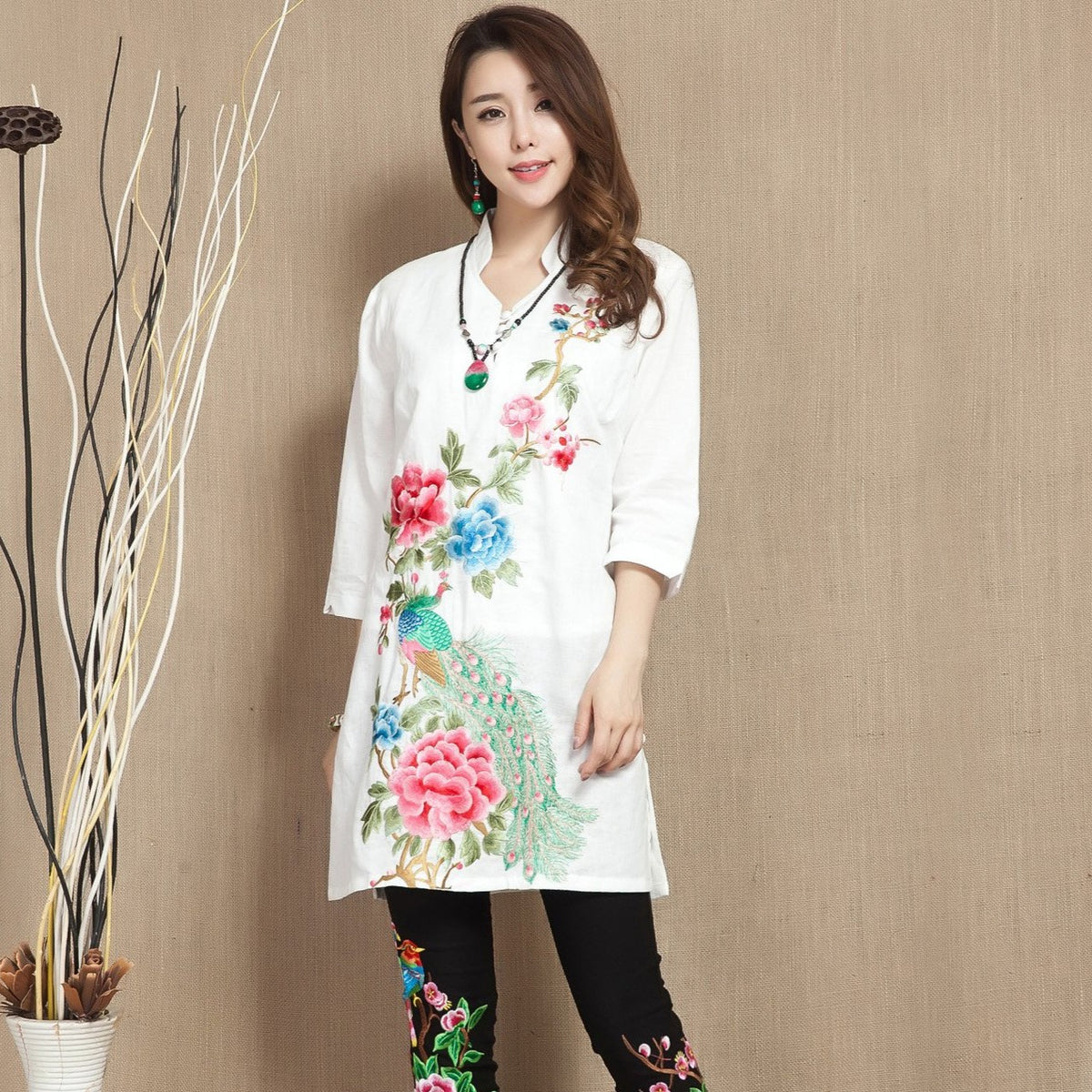 V Neck 3/4 Sleeve Floral Embroidery Long Chinese Blouse – IDREAMMART