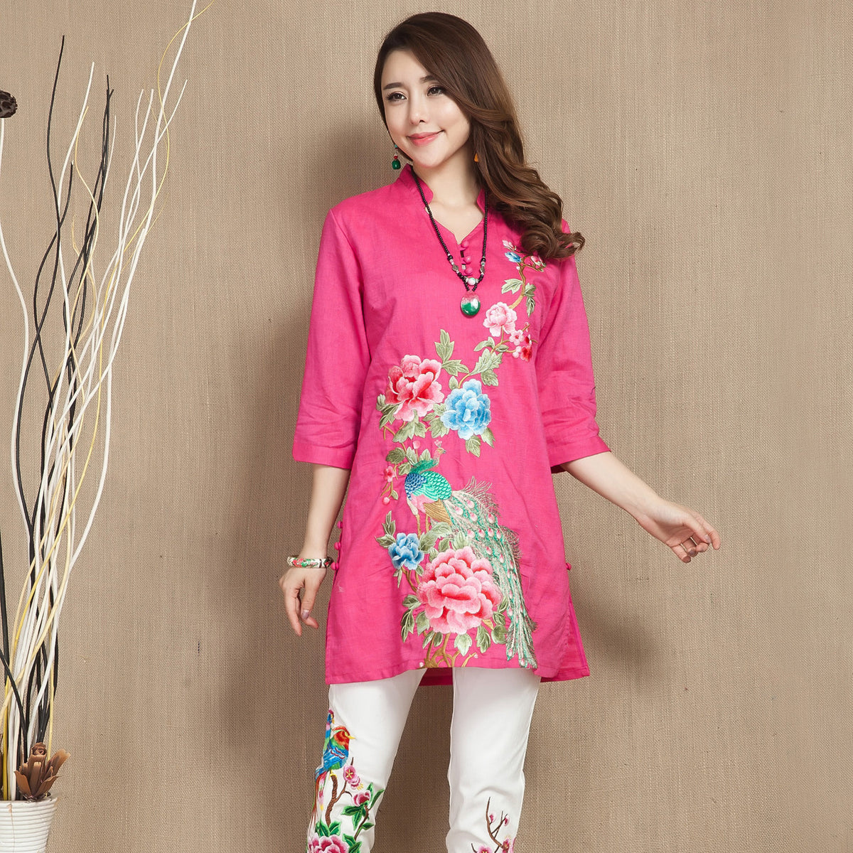 V Neck 3/4 Sleeve Floral Embroidery Long Chinese Blouse – IDREAMMART