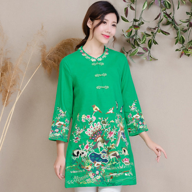 Plus Size Peacock & Floral Embroidery Traditional Chinese Blouse ...