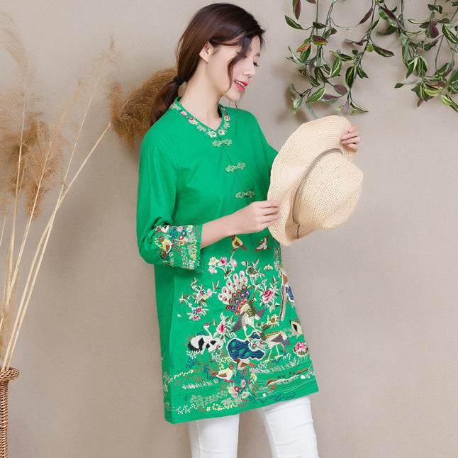 Plus Size Peacock & Floral Embroidery Traditional Chinese Blouse ...