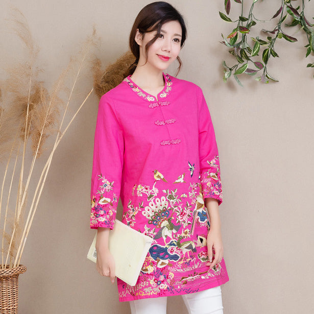 Plus Size Peacock & Floral Embroidery Traditional Chinese Blouse ...