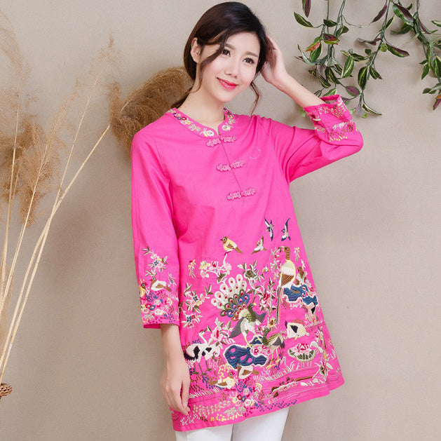 Plus Size Peacock & Floral Embroidery Traditional Chinese Blouse ...