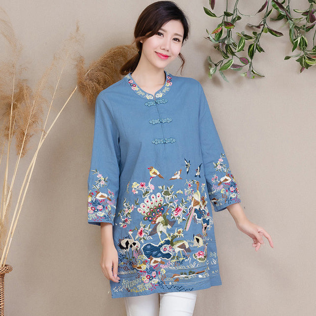 Plus Size Peacock & Floral Embroidery Traditional Chinese Blouse ...
