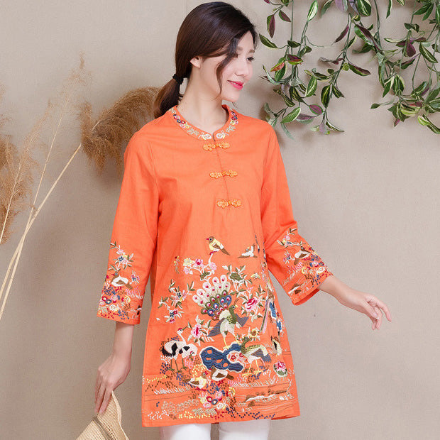 Plus Size Peacock & Floral Embroidery Traditional Chinese Blouse ...