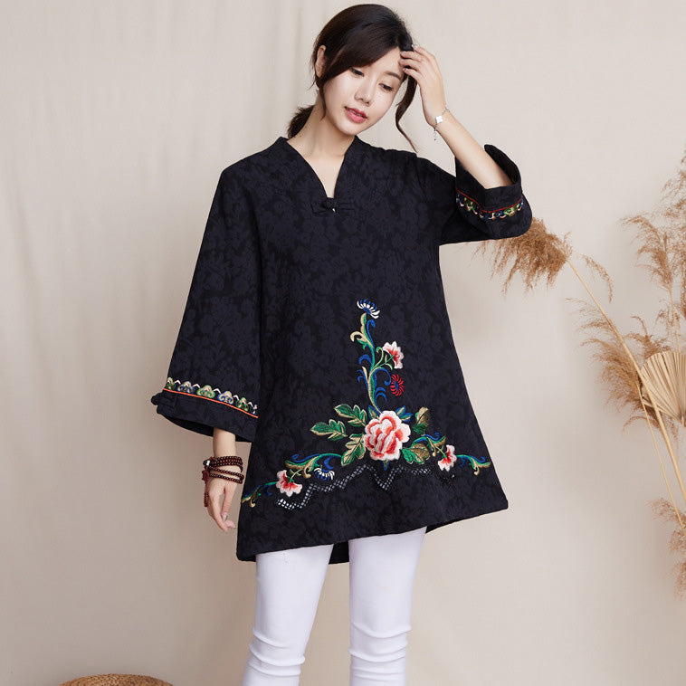 Floral Embroidery Fancy Cotton Retro Chinese Blouse Zen Coat – IDREAMMART