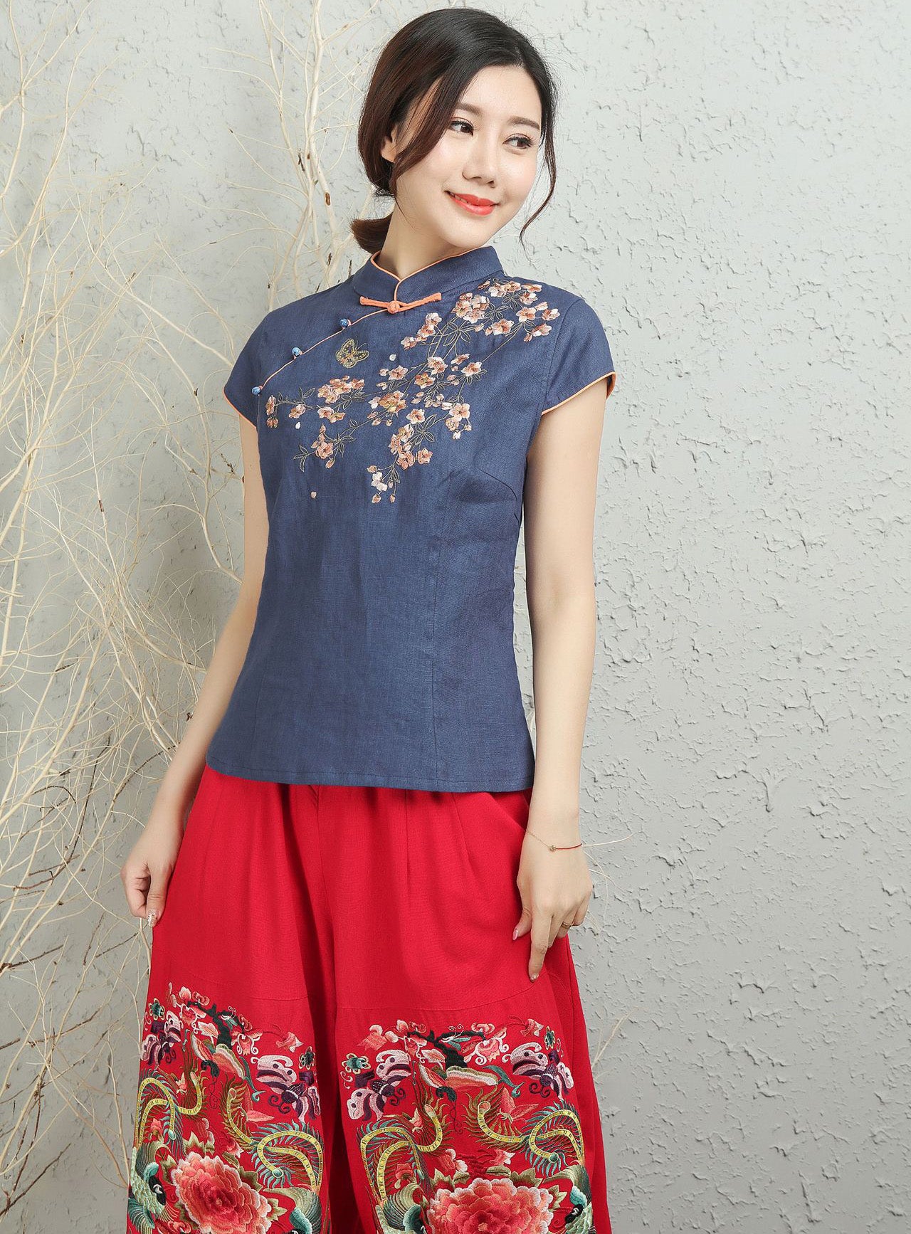 Cap Sleeve Floral Embroidery Cheongsam Top Traditional Chinese Blouse ...