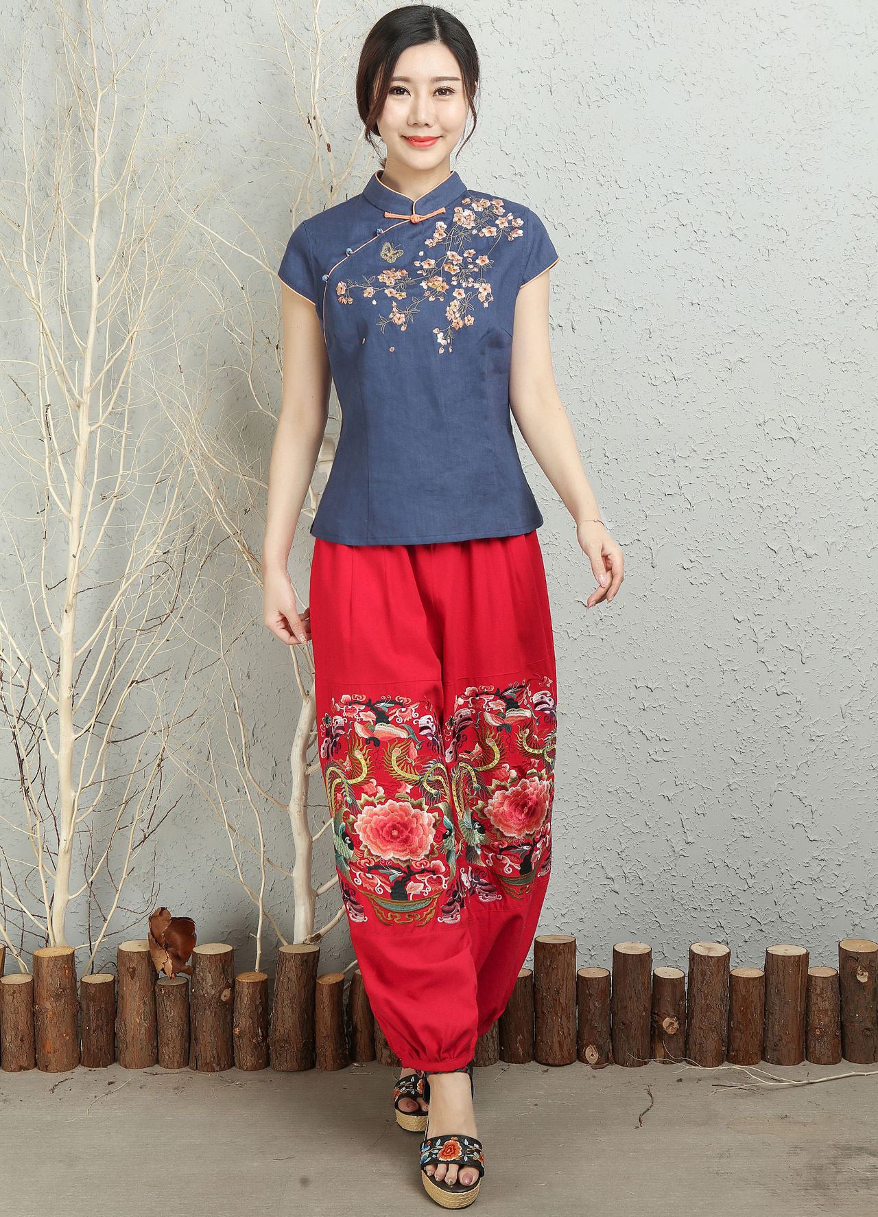 Cap Sleeve Floral Embroidery Cheongsam Top Traditional Chinese Blouse ...