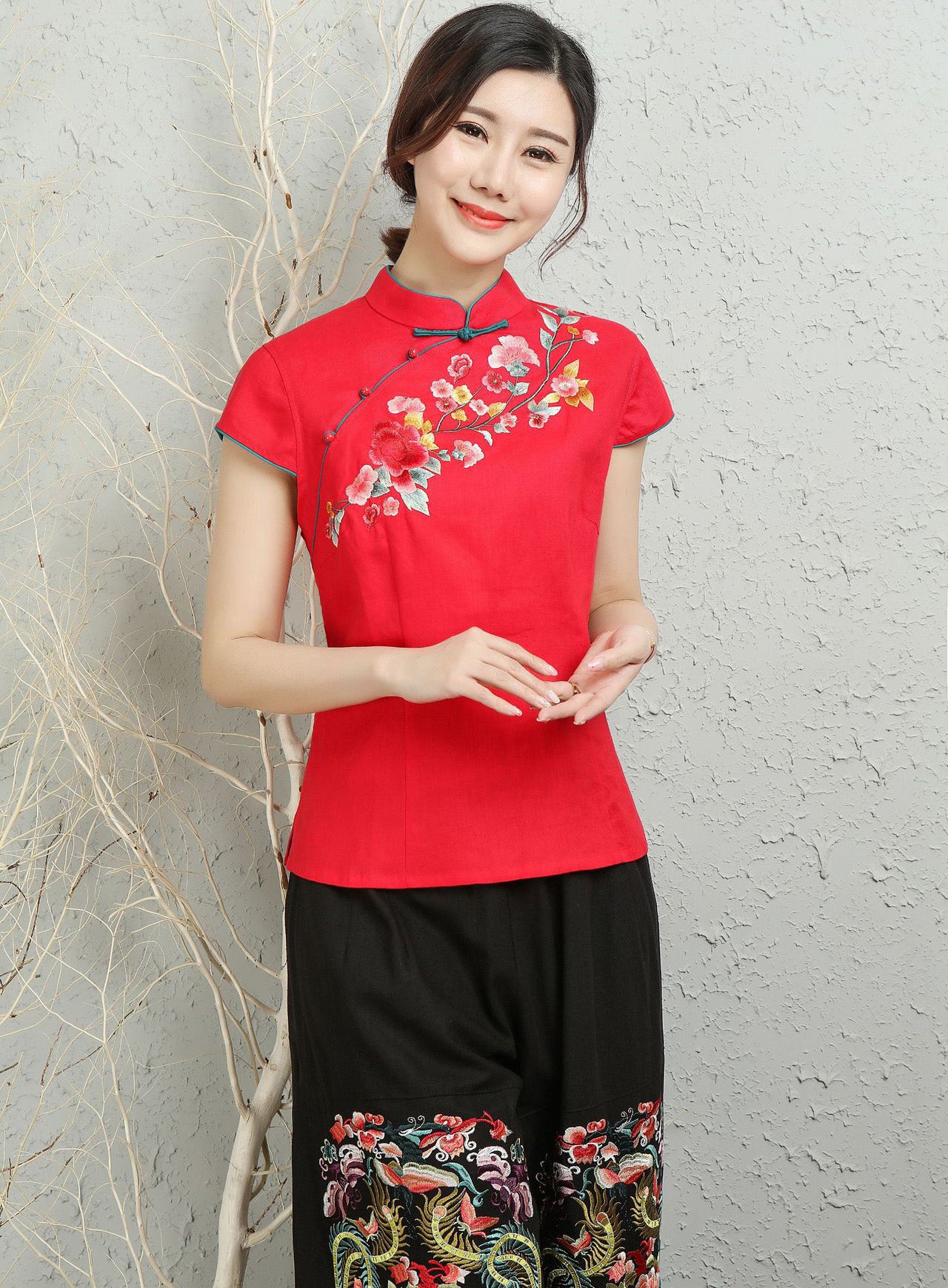 Mandarin Collar Floral Embroidery Cheongsam Top Traditional Chinese Bl ...